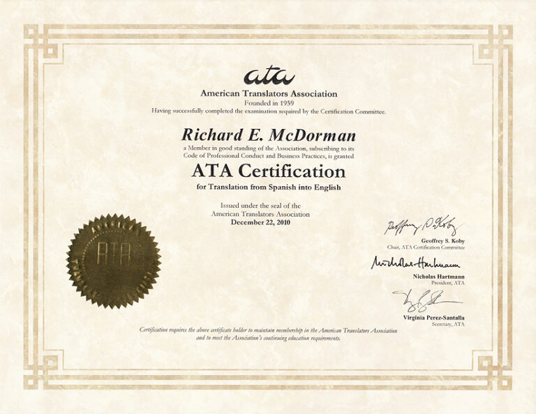 ATA CERTIFICATION - Richard E. McDorman